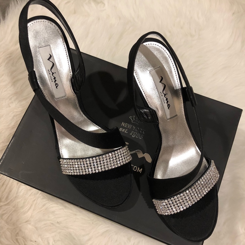 New Nina Brand Black Satin & Jewel Heel Sandal - Gem